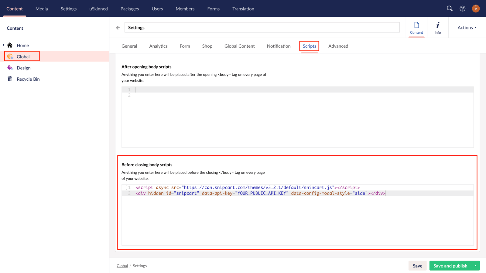Add Snipcart to uSkinned Site Builder for Umbraco CMS