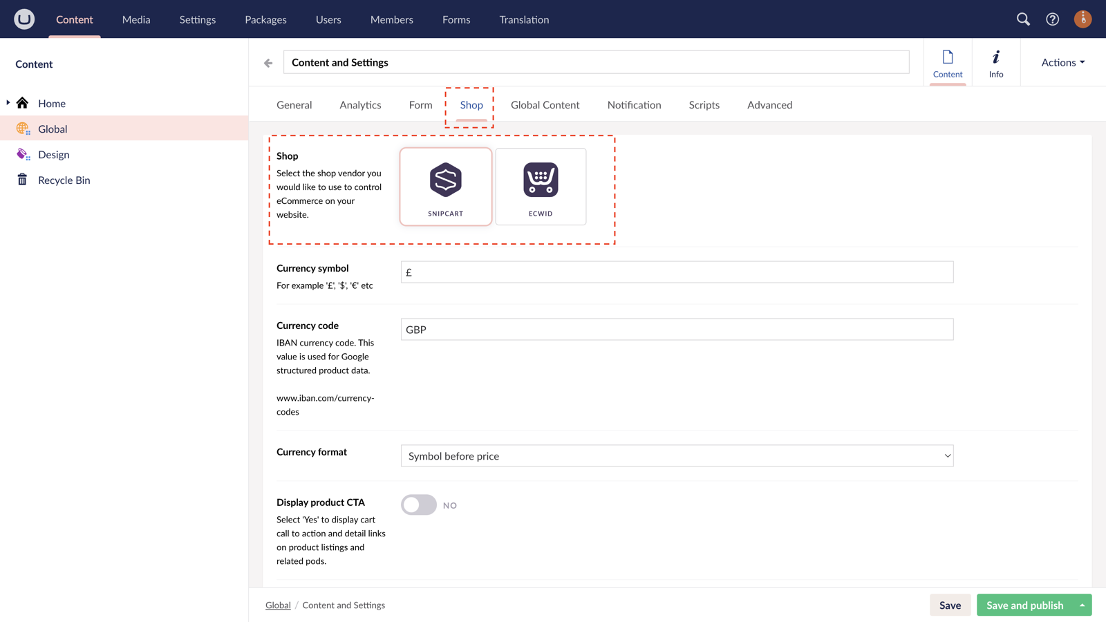 Add Snipcart to uSkinned Site Builder for Umbraco CMS