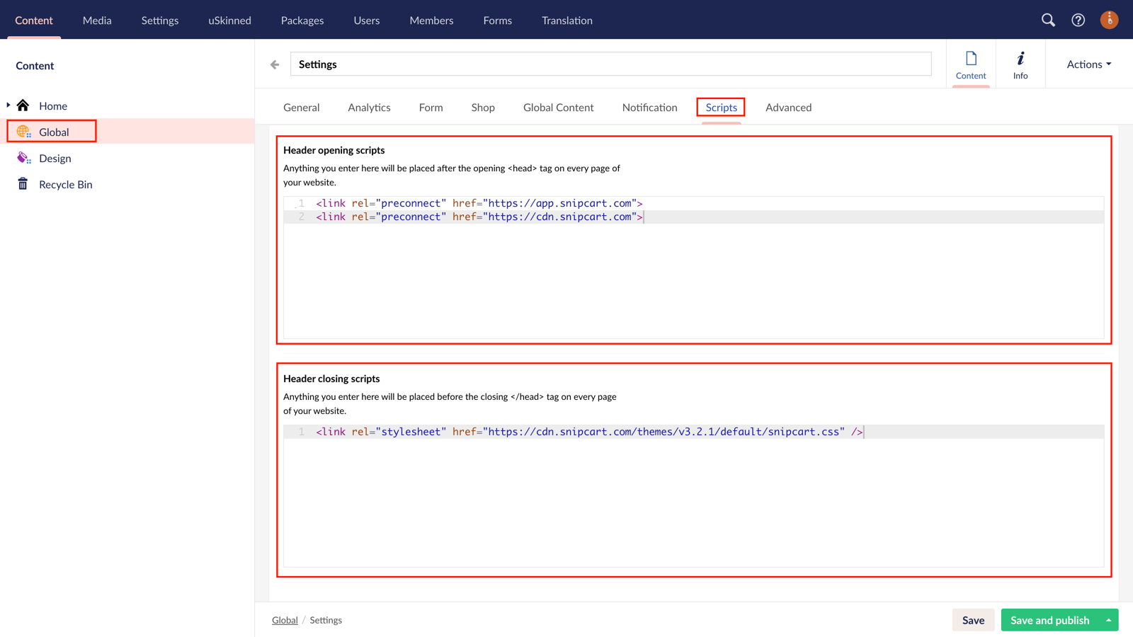 Add Snipcart to uSkinned Site Builder for Umbraco CMS